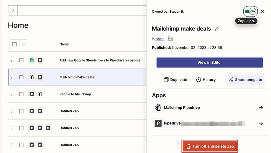 Zapier: 새로운 Mailchimp 구독자로부터 Pipedrive 거래 생성 - Knowledge Base | Pipedrive